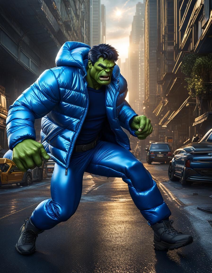 The Hulk ripping out of his (shiny blue nylon puffy down jacket:1.6 ...