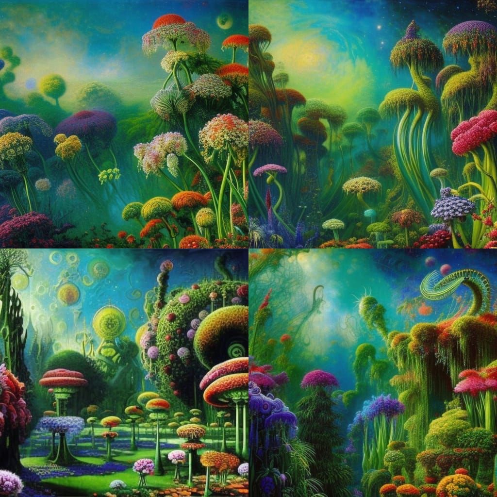 a fantastical garden on an alien planet with lots of large alien ...
