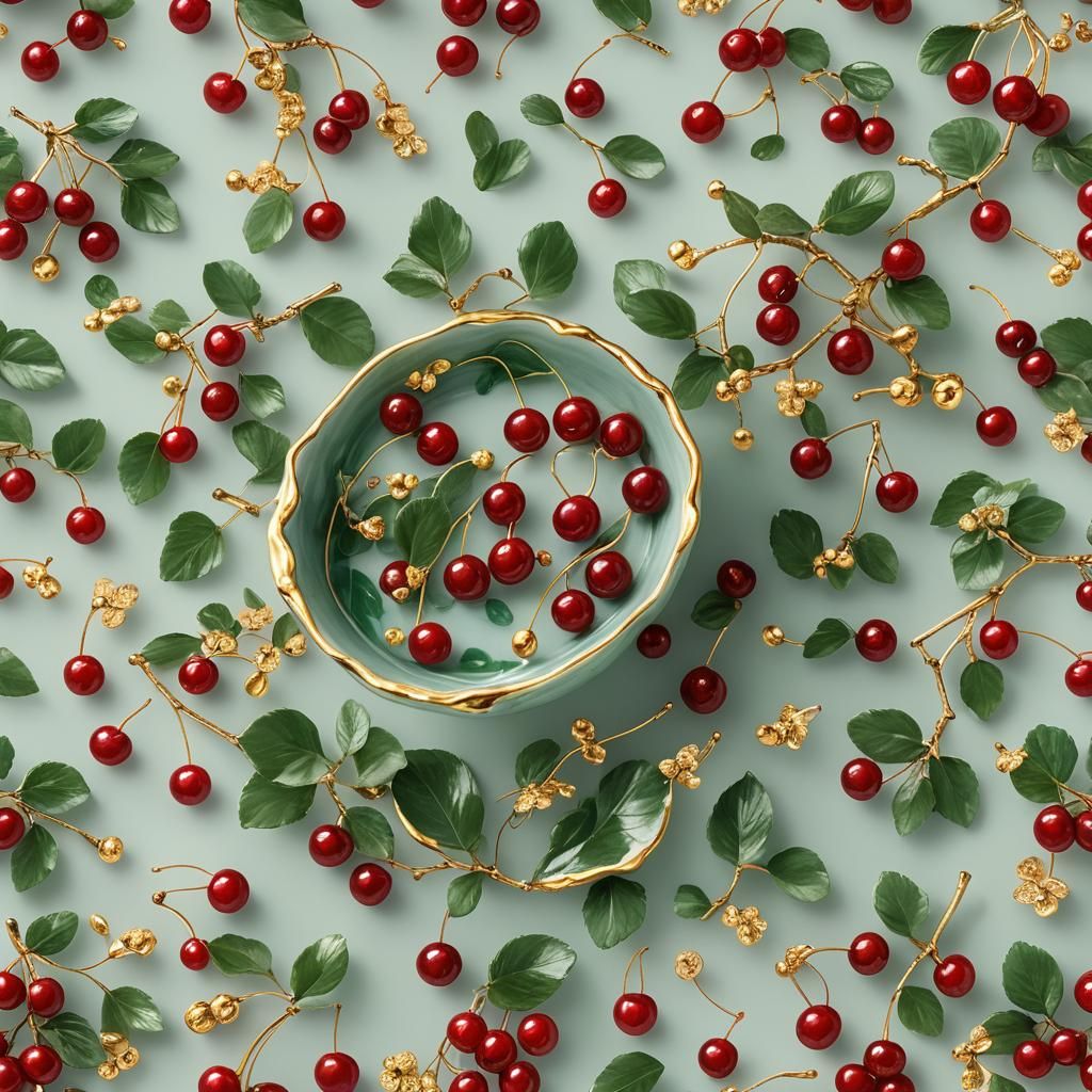 delicate jade ceramic bowl of golden and ruby cherries - AI Generated ...