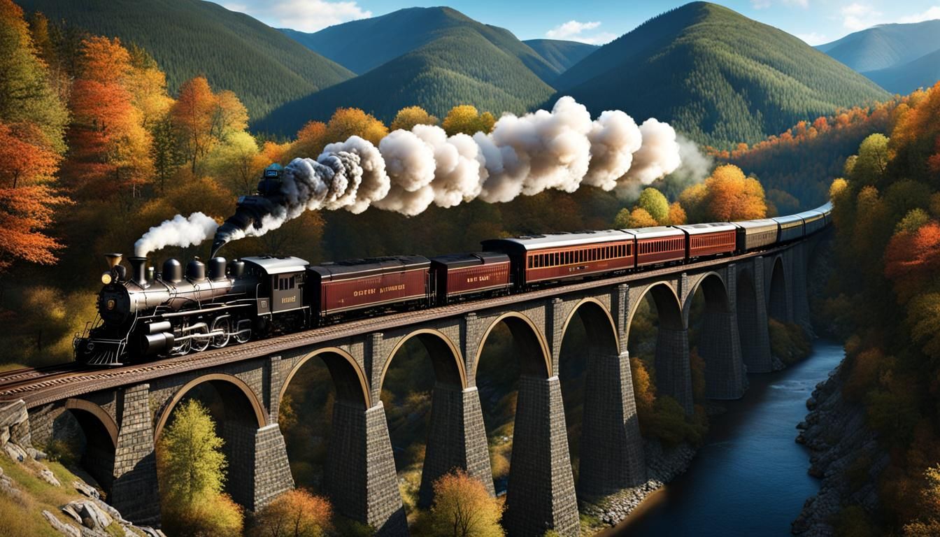 Train on the Track winding over and through the mountains and under a ...