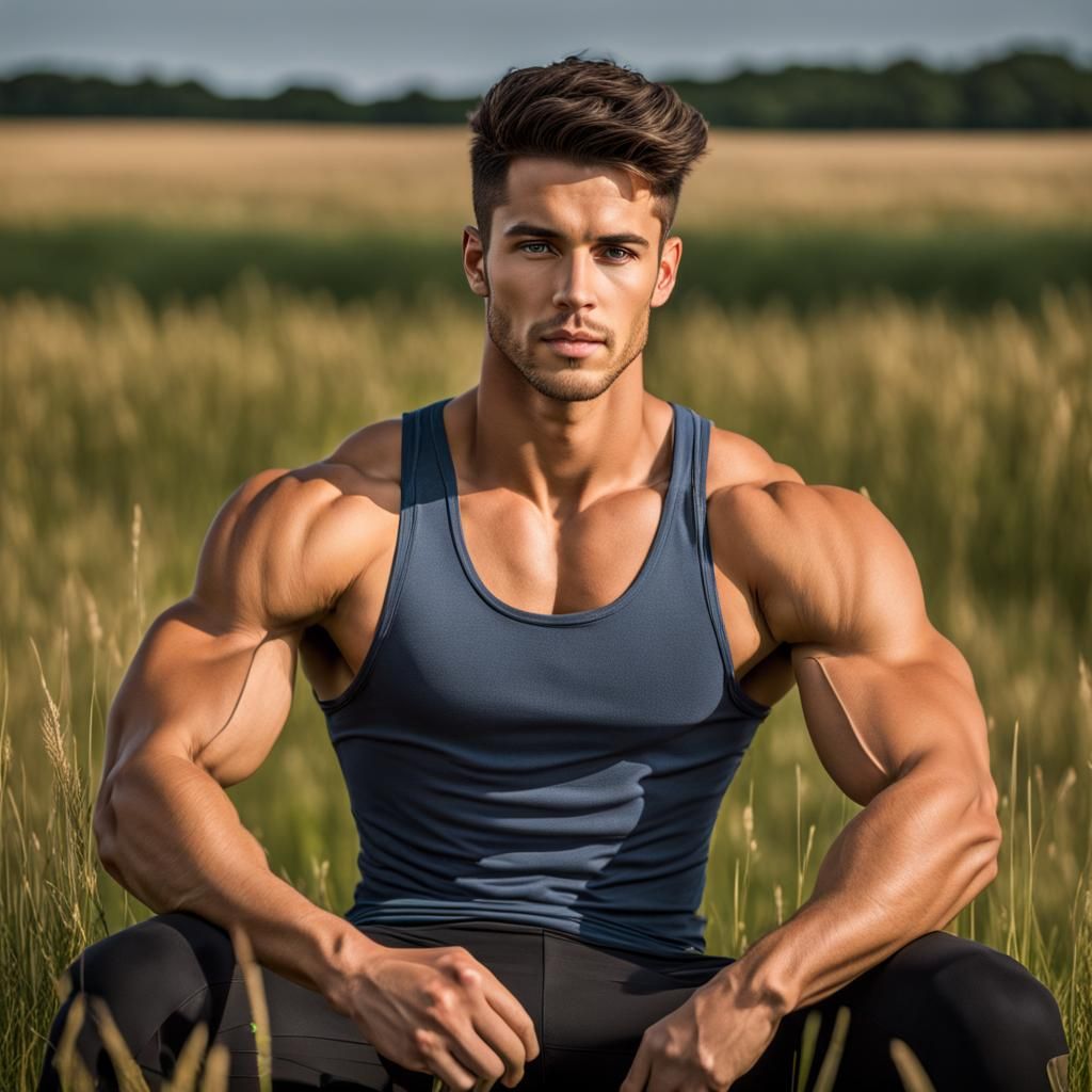 full body 20 year old man short facial hair and medium hair. Sixpack ...