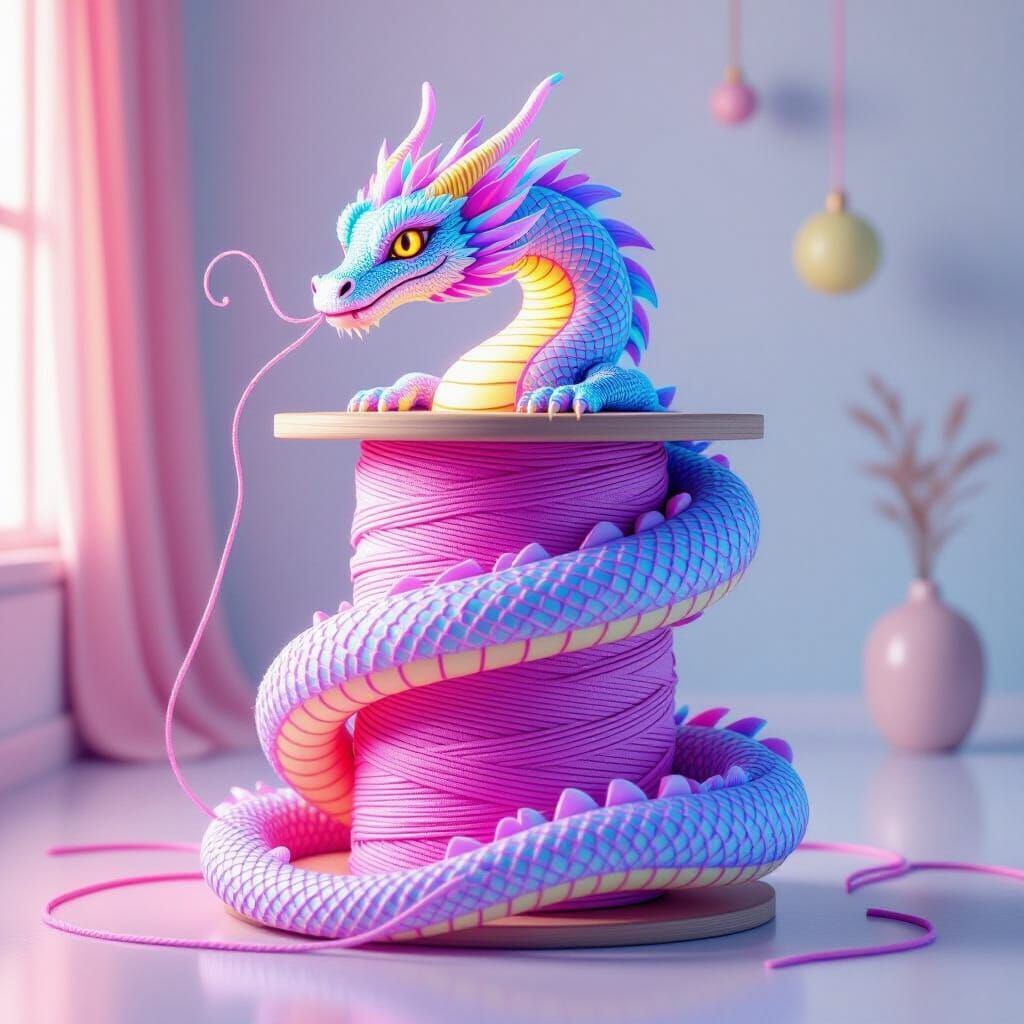 A whimsical neon yarn dragon, coiled around a gian... - AI Art