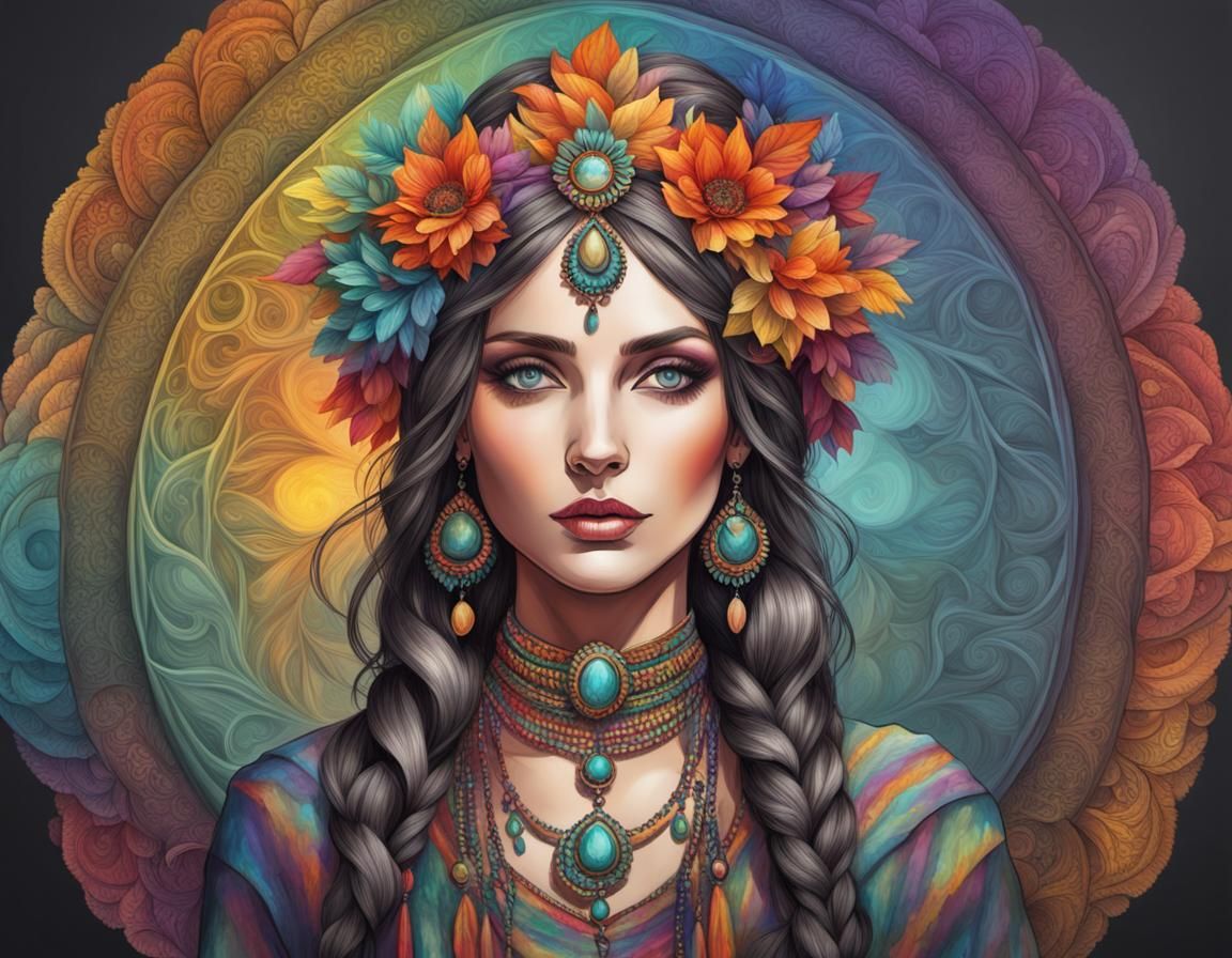 " poster art iridescent drawing of Bohemian woman, brightly coloured ...