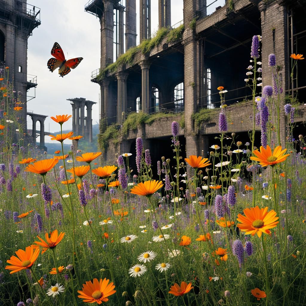 blooming wildflowers grow among industrial ruins, covered in flowers ...