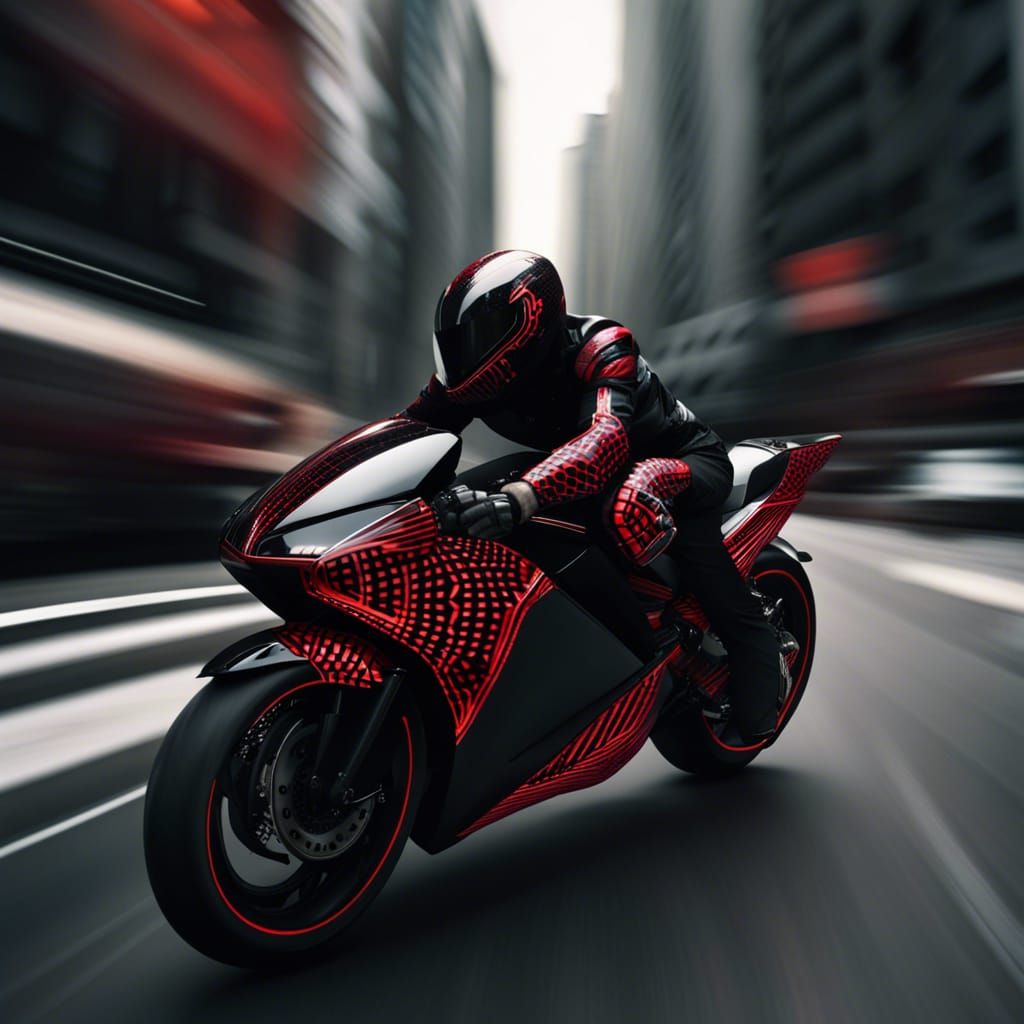 A sleek, black and red motorcycle with a web-like pattern on its body ...