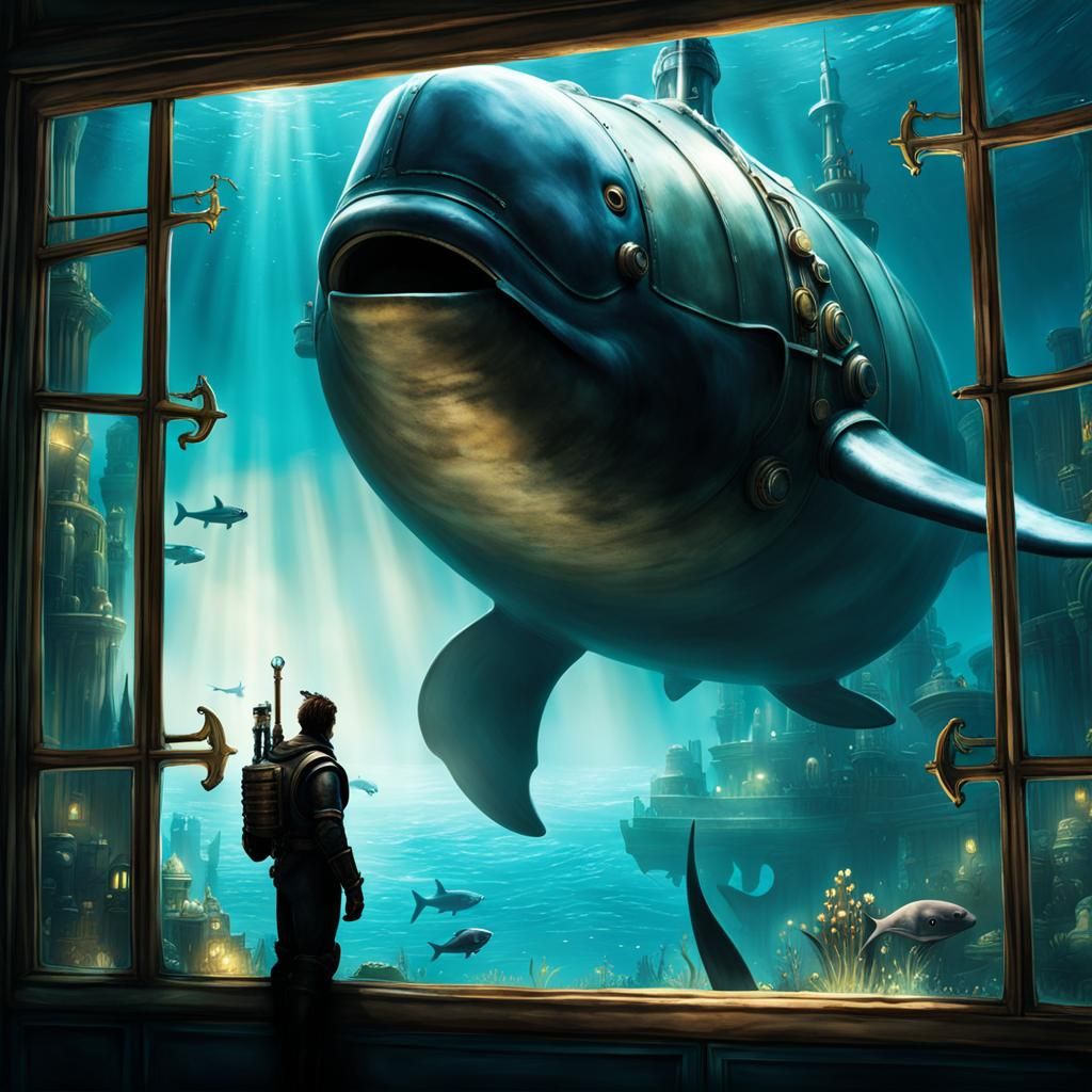 Underwater scene. Inside underwater city. Big Daddy from Bioshock ...