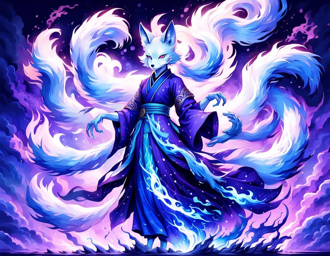 kitsune Sorcerer blue flames - AI Generated Artwork - NightCafe Creator