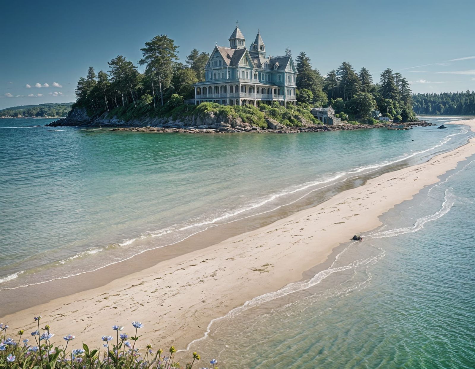Ethereal Victorian Mansion Amidst Vibrant Beach an... - AI Art