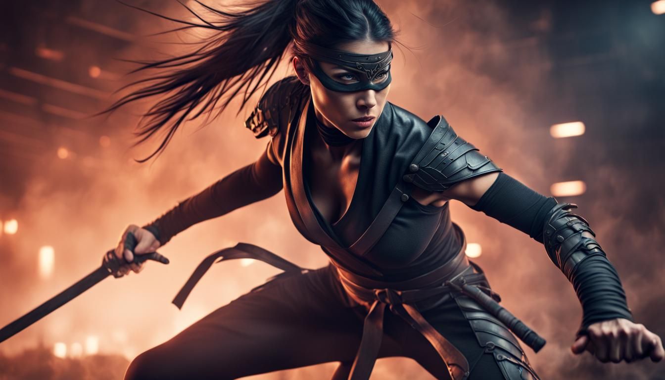 leather clad beautiful muscular female ninja battling super woman - AI ...