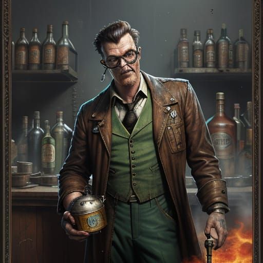 Dieselpunk Mad Scientist's Elixir in Vintage Ename... - AI Art