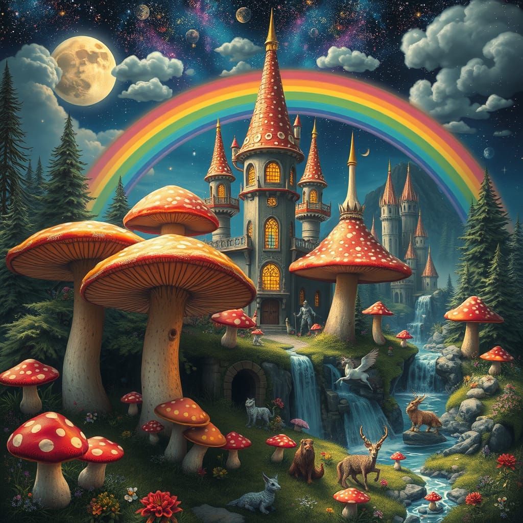 Whimsical Mushroom Realm with Celestial Entities a... - AI Art