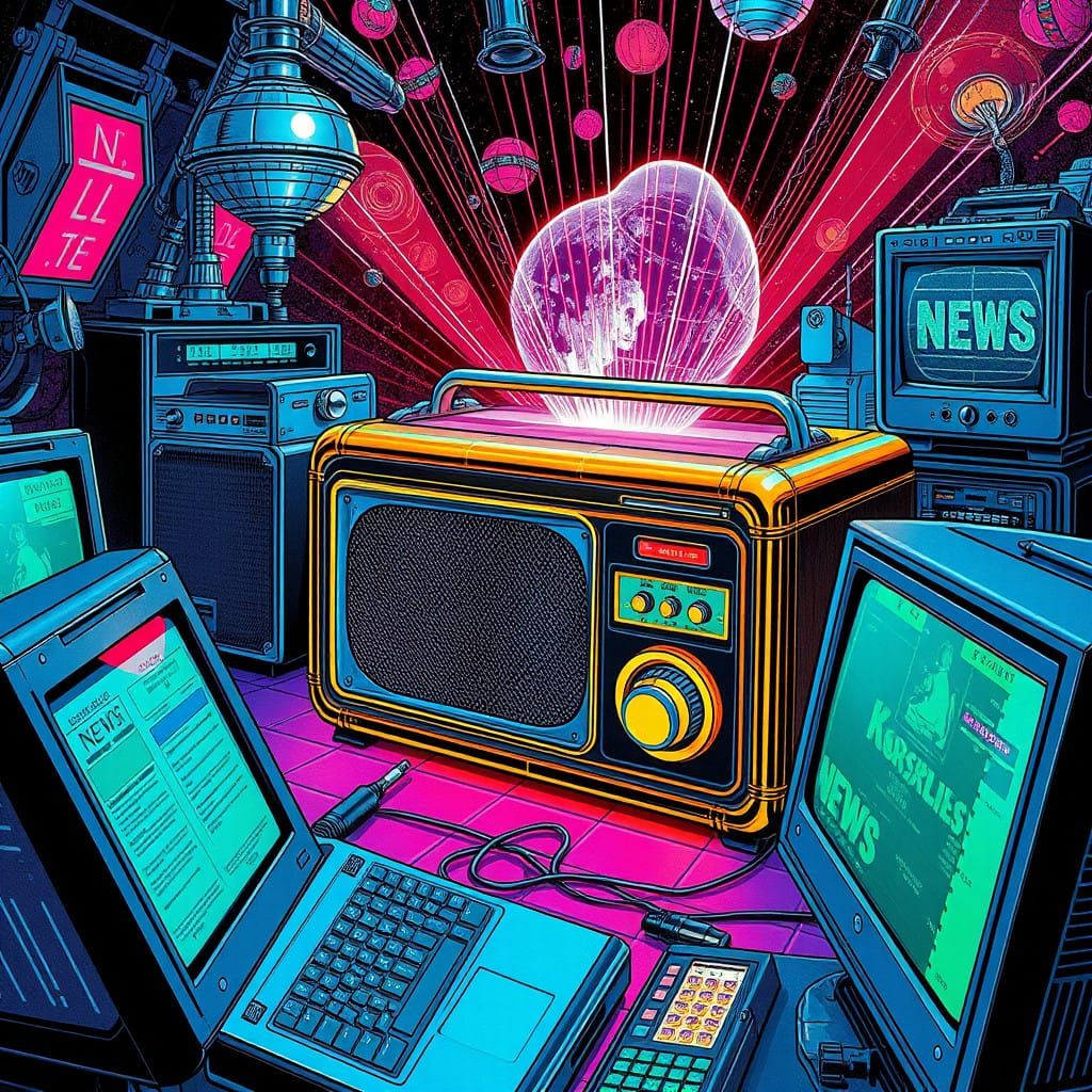 A glowing, retro-futuristic radio with holographic projections