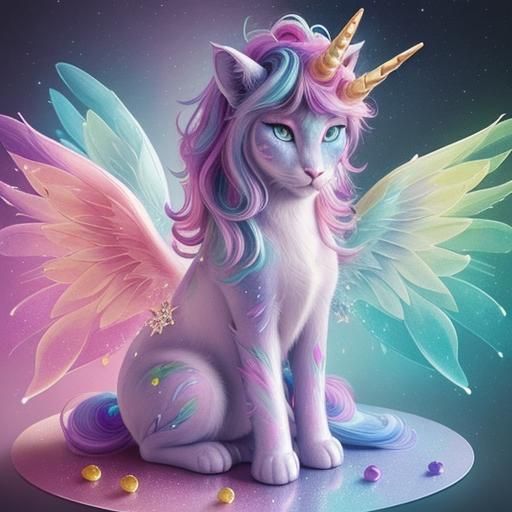 A Unicorn cat with Rainbow hair and light purple skin, teal eyes ...