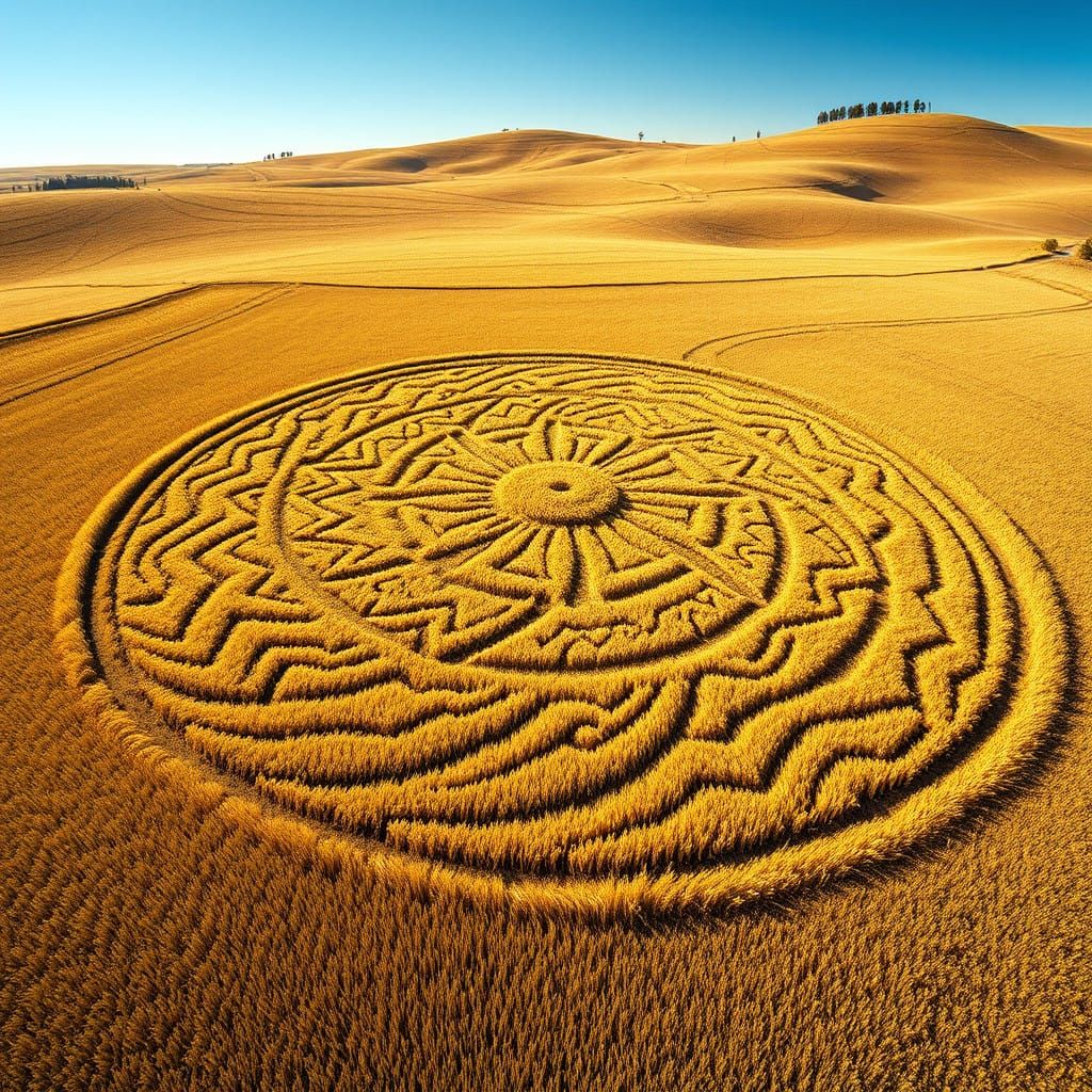 A sprawling, intricate crop circle pattern, reminiscent of ancient ...