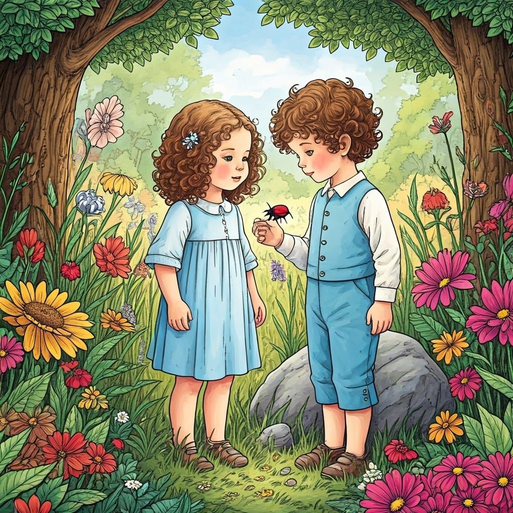 legend - Children Discover Beetle in Floral Field Illustrati...