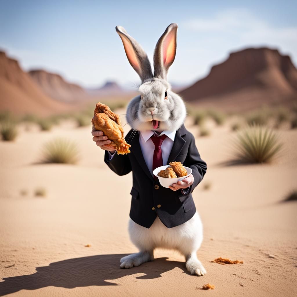 A rabbit wearing a coat and tie and getting sick eating a raw piece of ...
