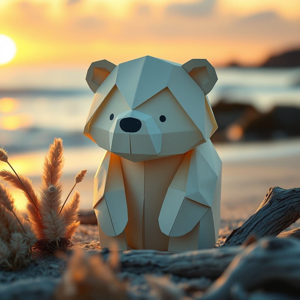 cute bear at the seaside - Whimsical Origami Bear at Sunset...