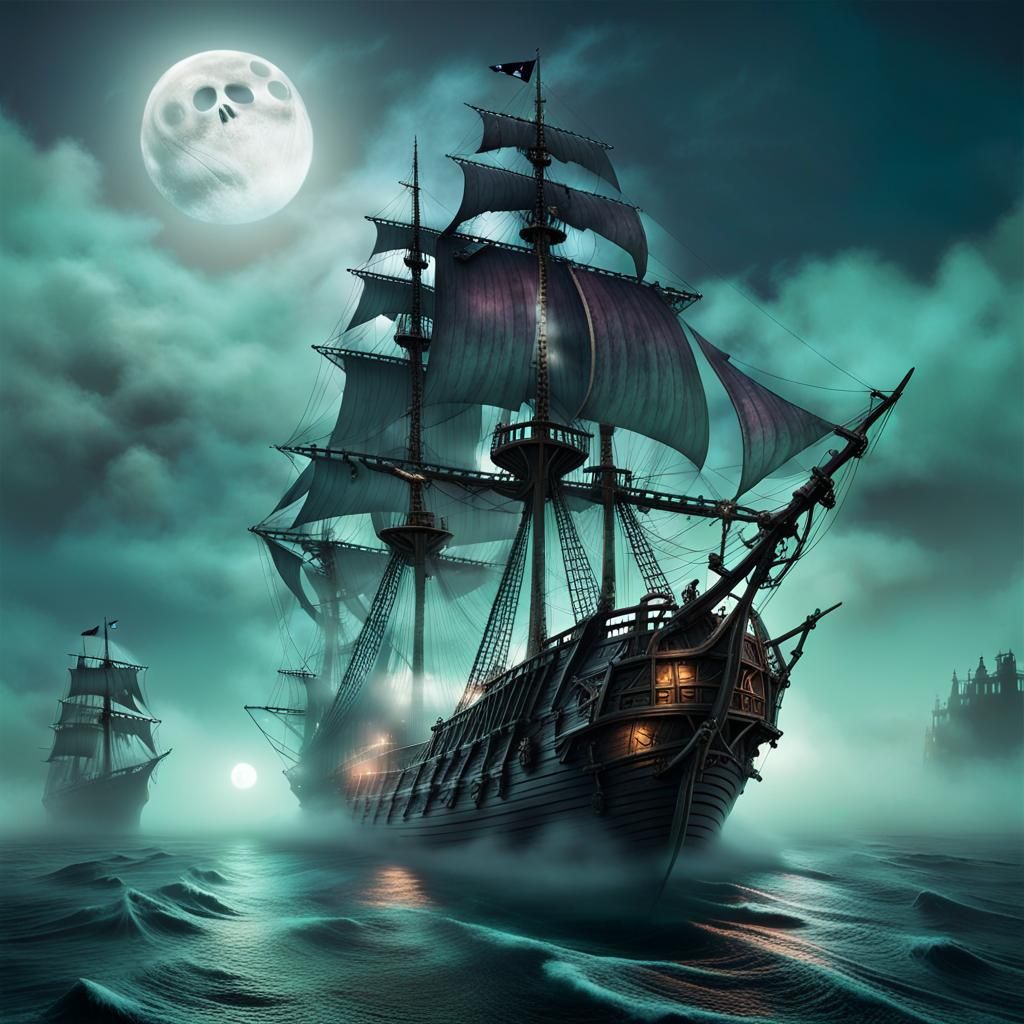 a ghostly pirate ship emerging from the mist-shrouded depths of the ...