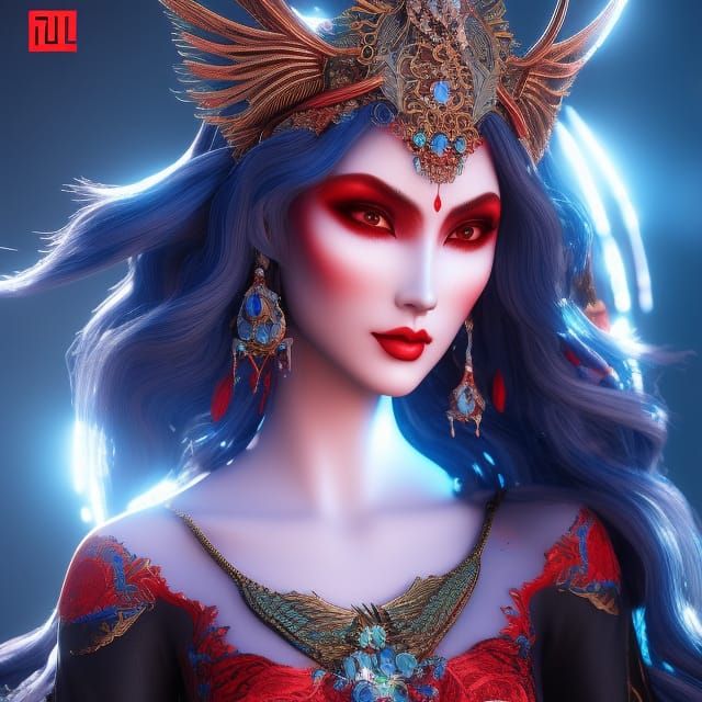beautiful moon goddess, red and blue, detailed, stunning face ...