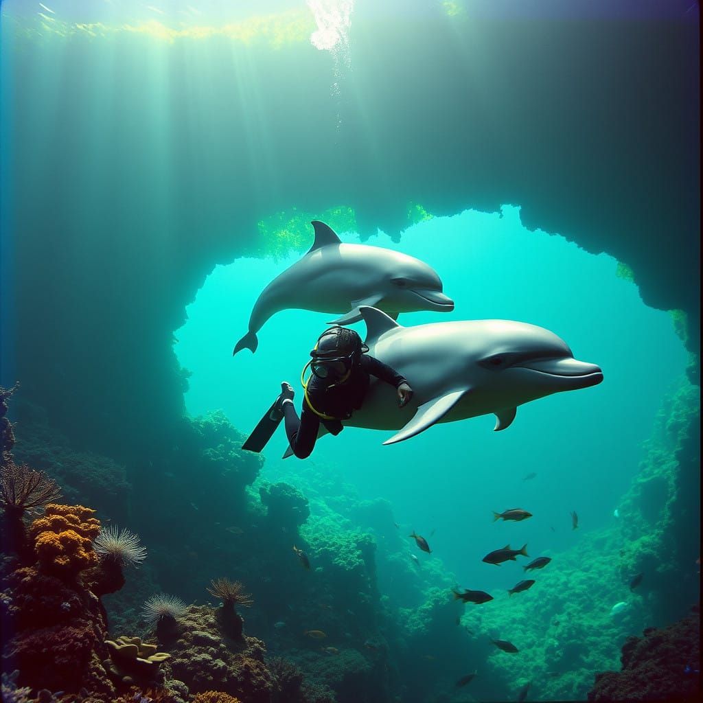 magnificent dolphin with a diver in a beautiful underwater arch of ...