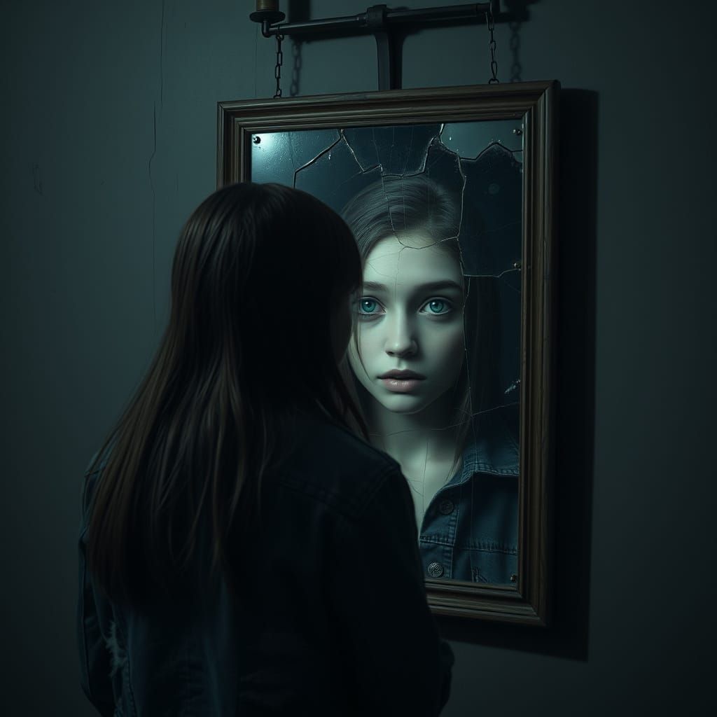 Girl and Mysterious Reflection in a Surreal Mirror - AI Art