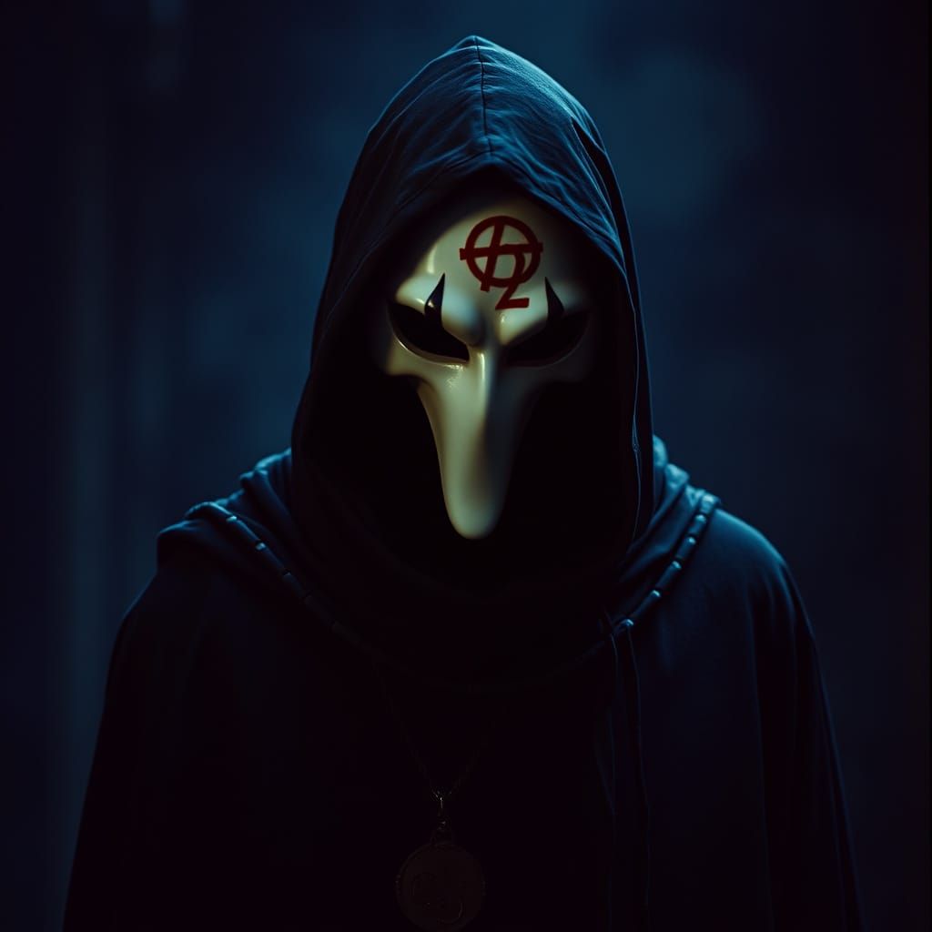 Demon wearing a white masquerade mask covering half his face made of ...