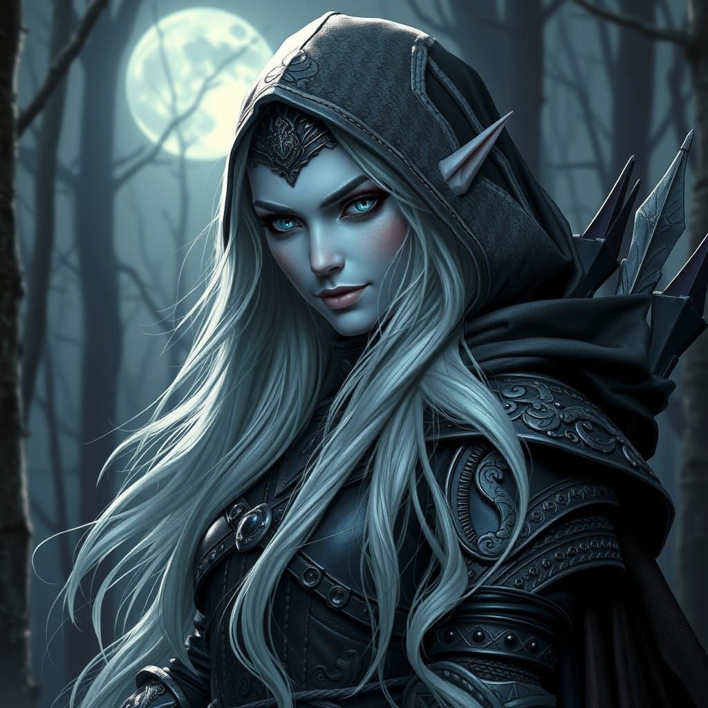 Mystifying Dark Elf Ranger Under Moonlit Forest - AI Art