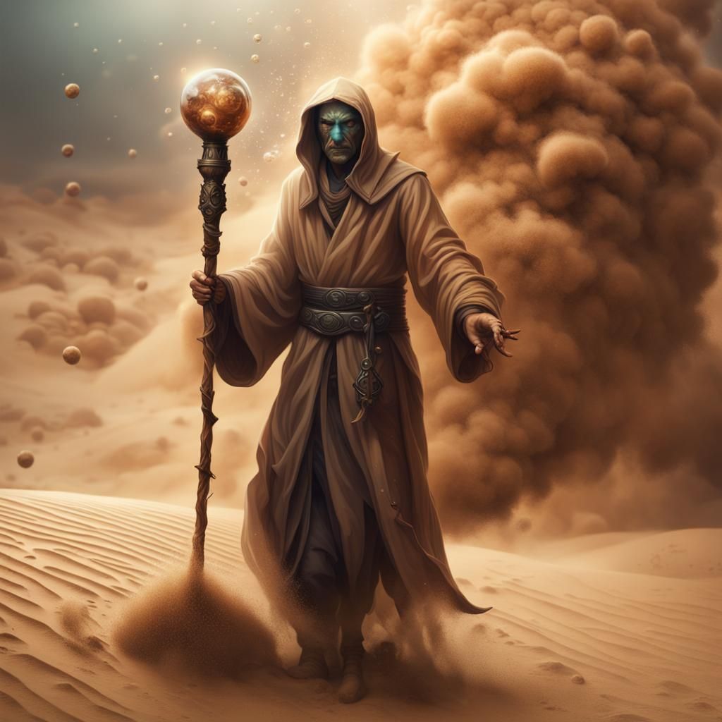 sand mage with staff dissappearing into sand storm; his face showing as ...