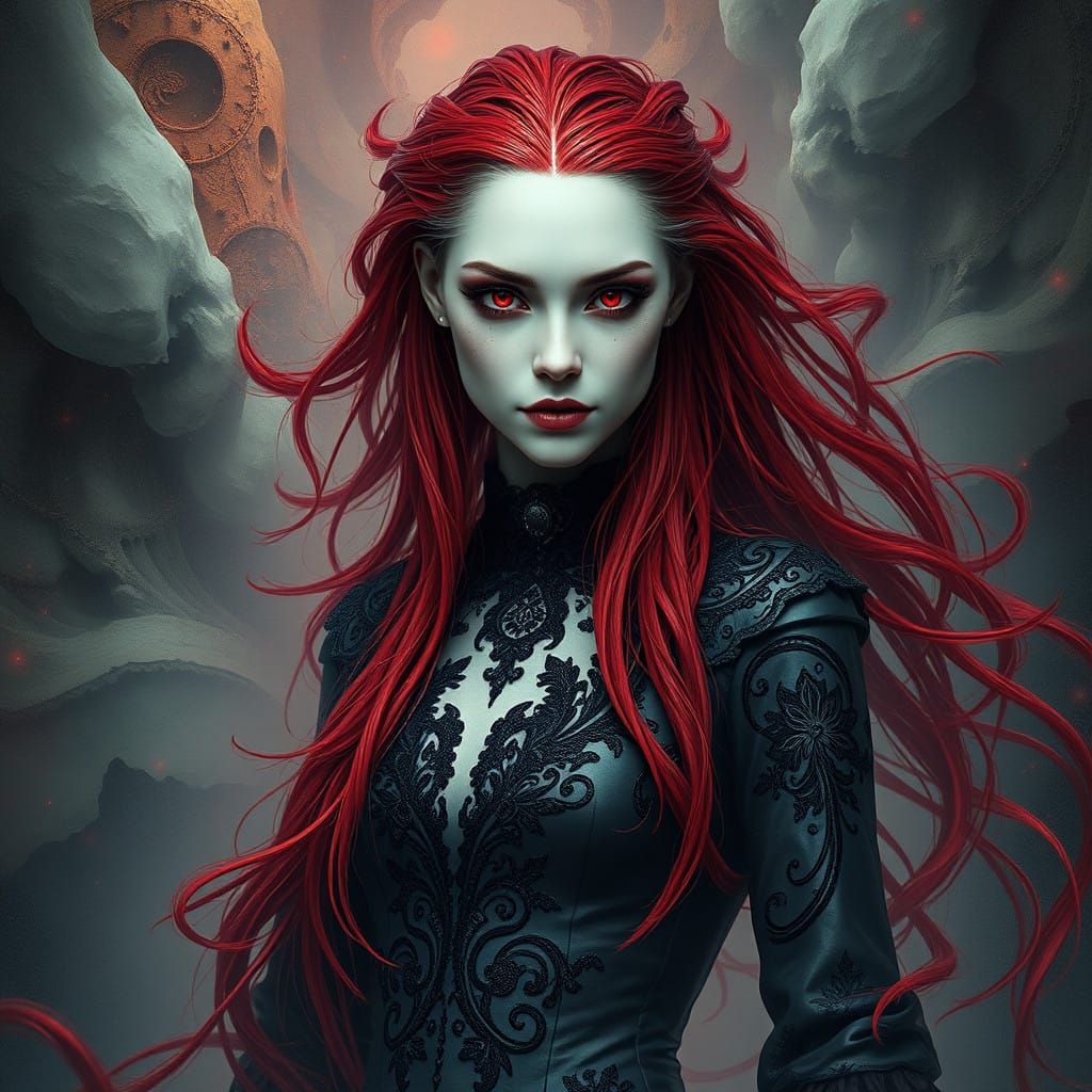 A statuesque, white-haired gothic woman, draped in a dark, lace-trimmed ...