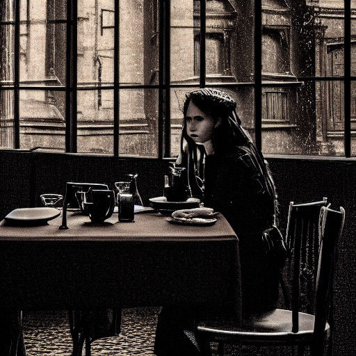 Gothic Fashion Model in a Moody Coffee Shop - AI Art