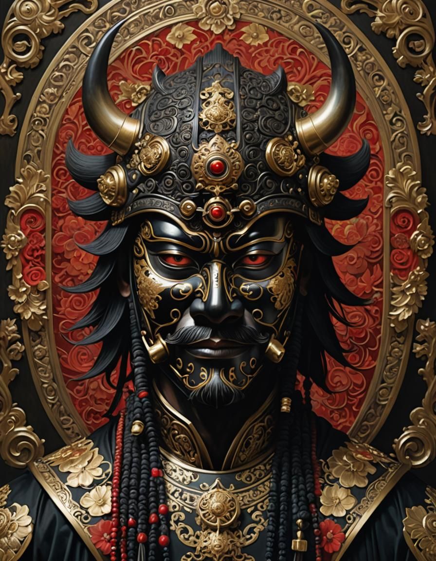 a portrait of an elaborate intricate black Japanese Samurai Mask, deep ...