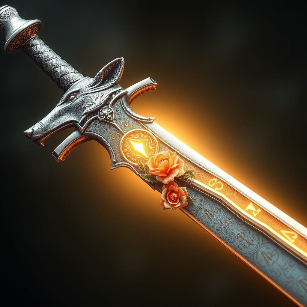 Ethereal Elven Longsword with Wolf's Head Hilt and... - AI Art