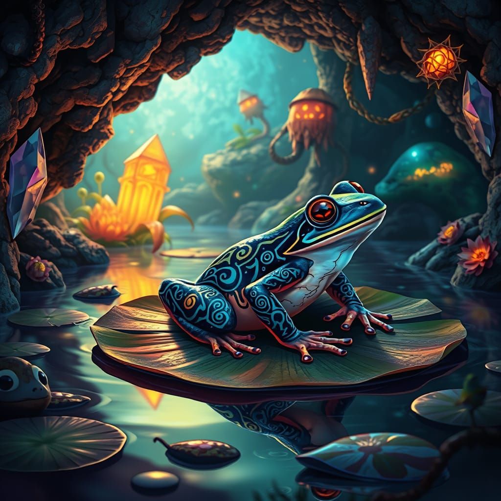 Bioluminescent Frog in Grotto: A Fantasy Digital P... - AI Art