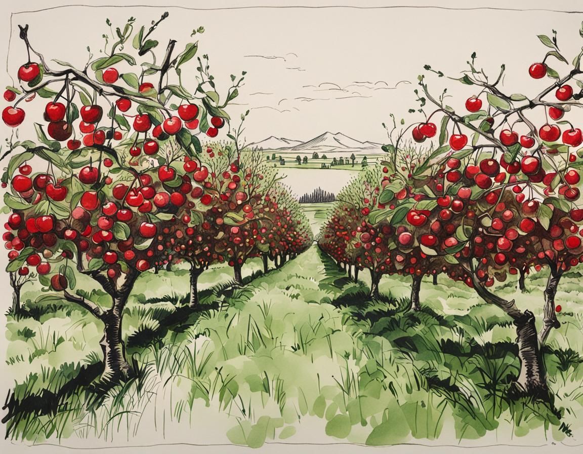 An ink drawing of a cherry orchard, in red, green, and brown ink - AI ...