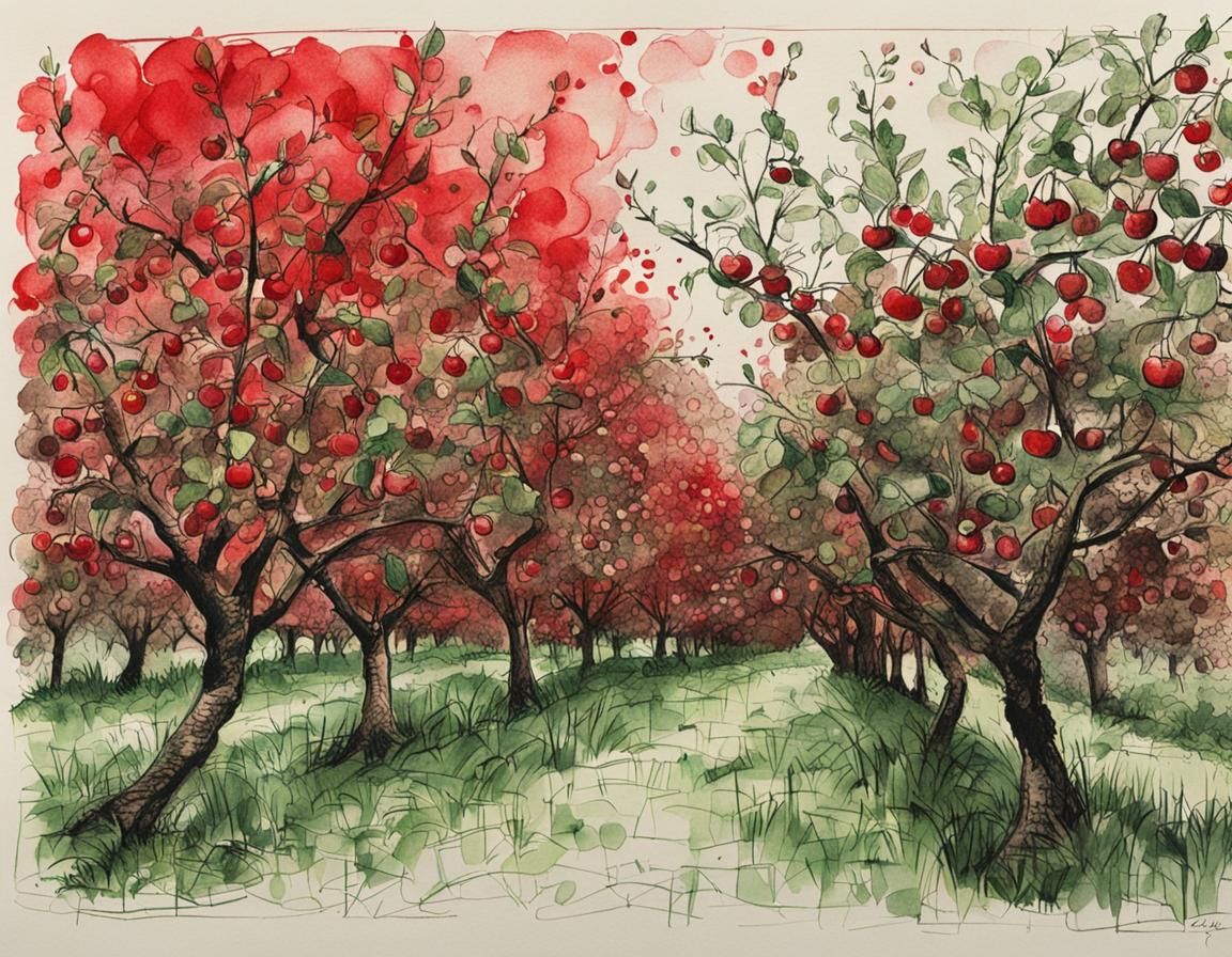 An ink drawing of a cherry orchard, in red, green, and brown ink - AI ...