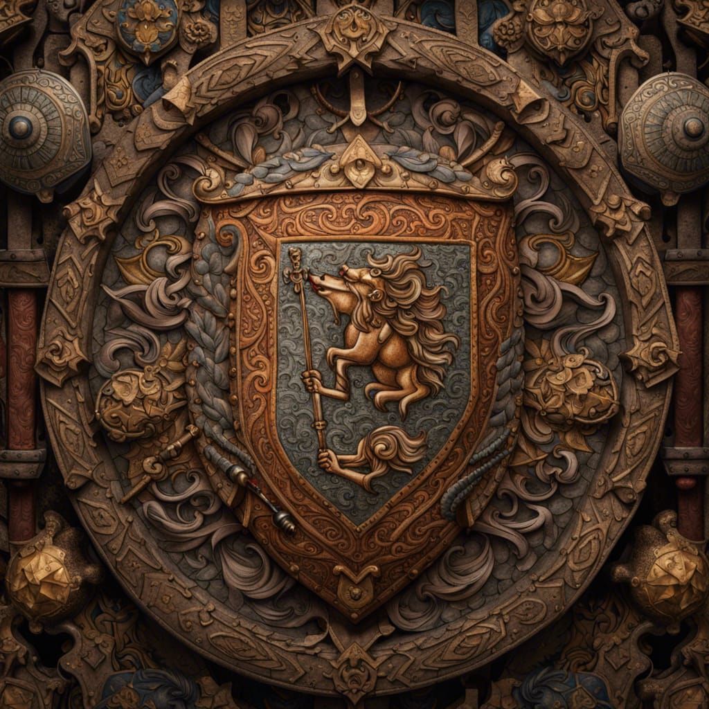 On a stone wall hangs An elaborate ancient medieval wooden painted ...