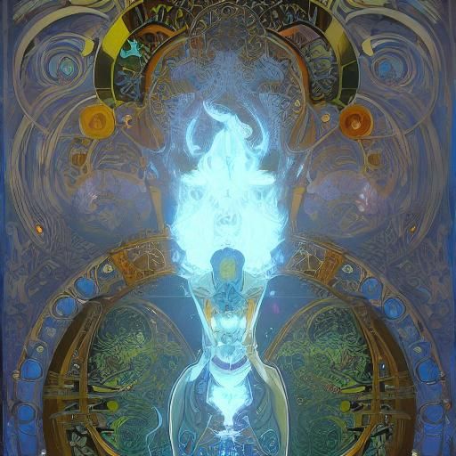 Mystical Gods descending from a luminous blue and silver glowing sky ...