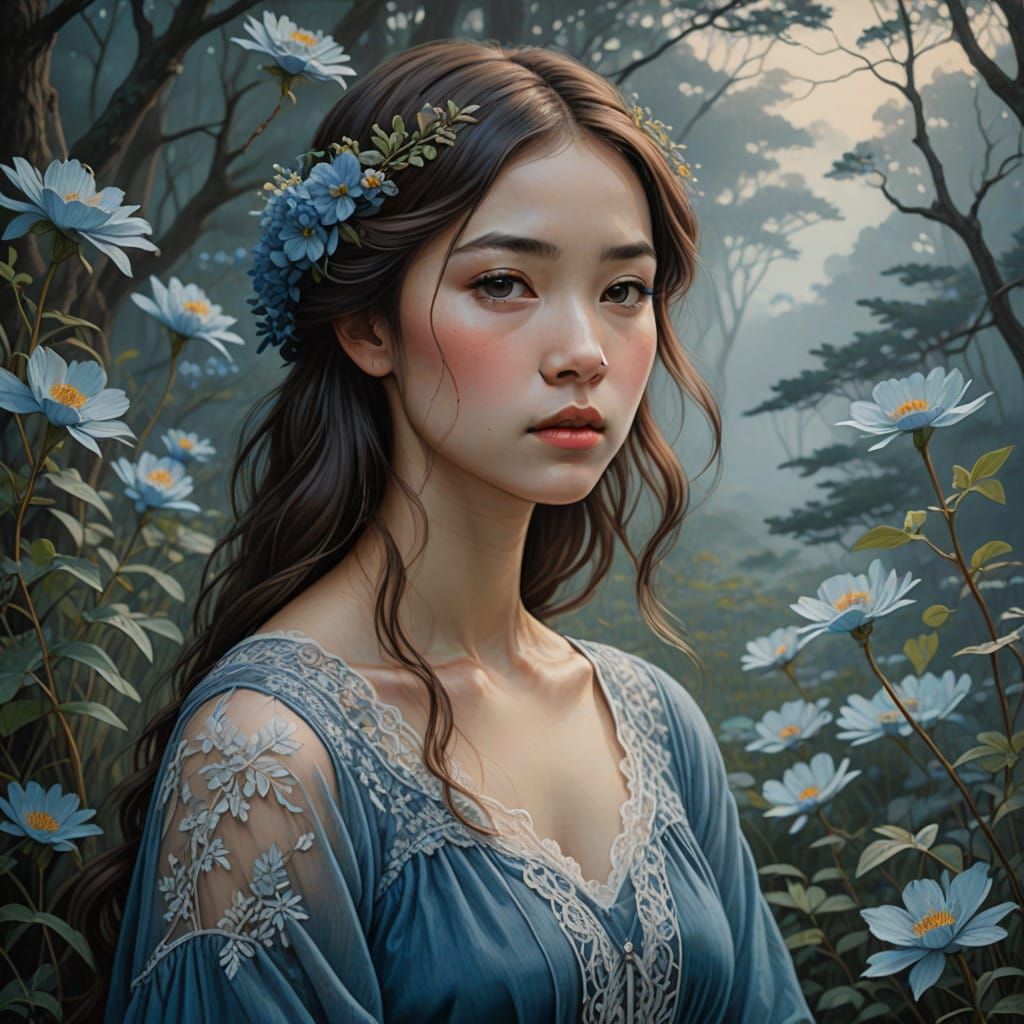 Portrait Blue - Ethereal Blue Pre-Raphaelite Portrait