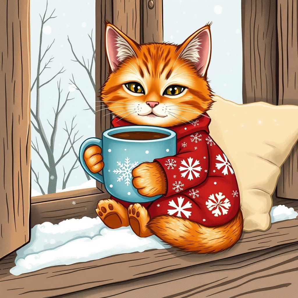 Whimsical Ginger Cat in Festive Red Onesie, Cozy C... - AI Art