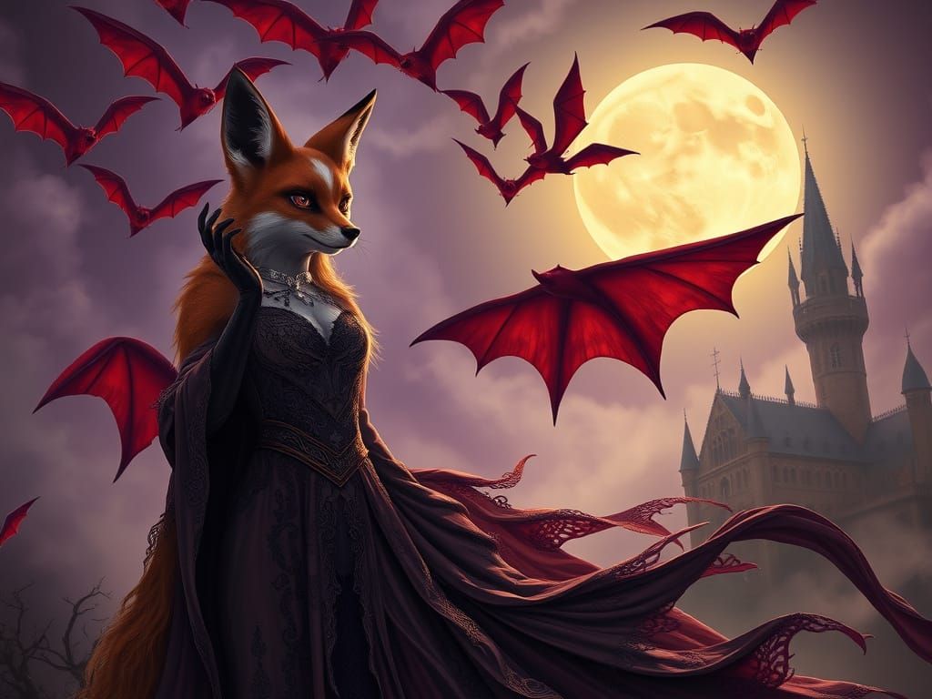 Goth fox 1 - Gothic Vampire Fox Under Moonlit Sky