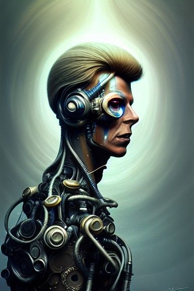 portrait shot of David Bowie as a cyborg in a scenic dystopian ...