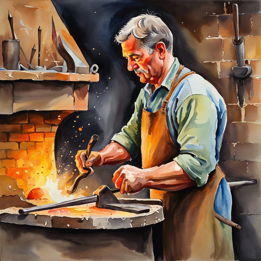 Blacksmith at Work - Vibrant Watercolour Blacksmith at Work