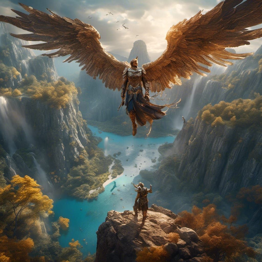 Draw a male powerful angel landing on his feet after flying, beautiful ...