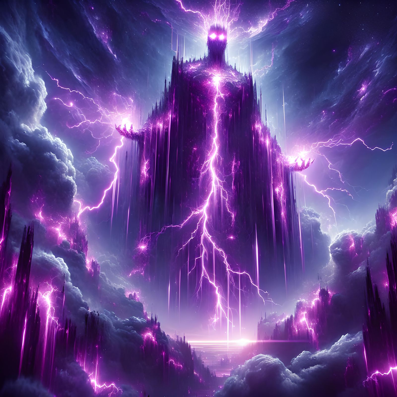 A behemoth purple lightning elemental, parting heavy storm clouds ...