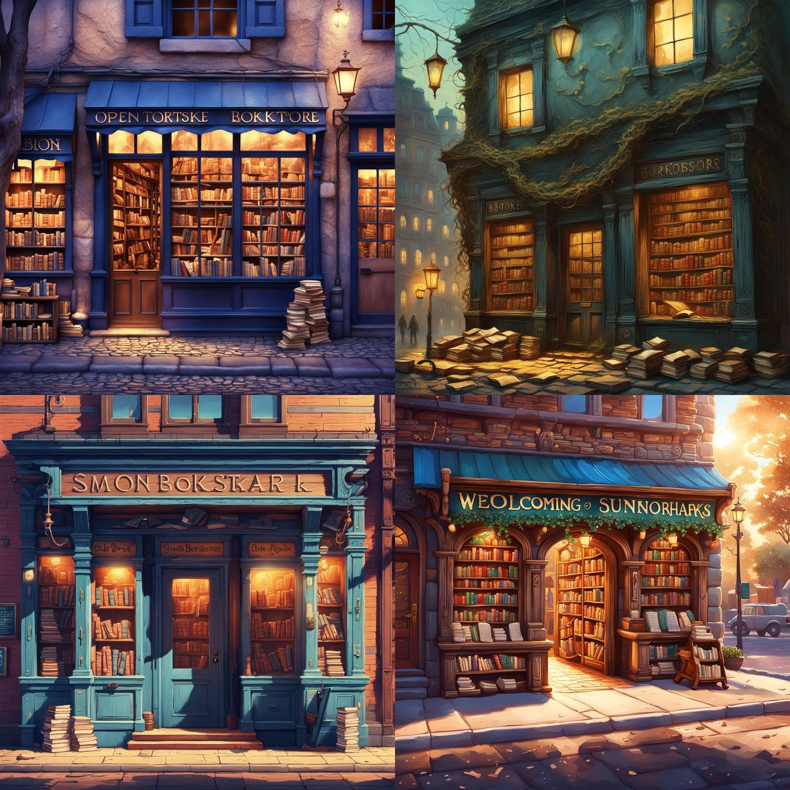 A quaint bookstore with stacks of books spilling out onto the sidewalk