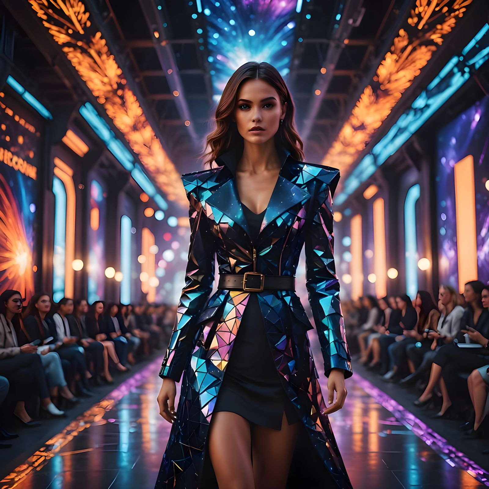 A model wearing a high-fashion outfit in a glowing runway setting.