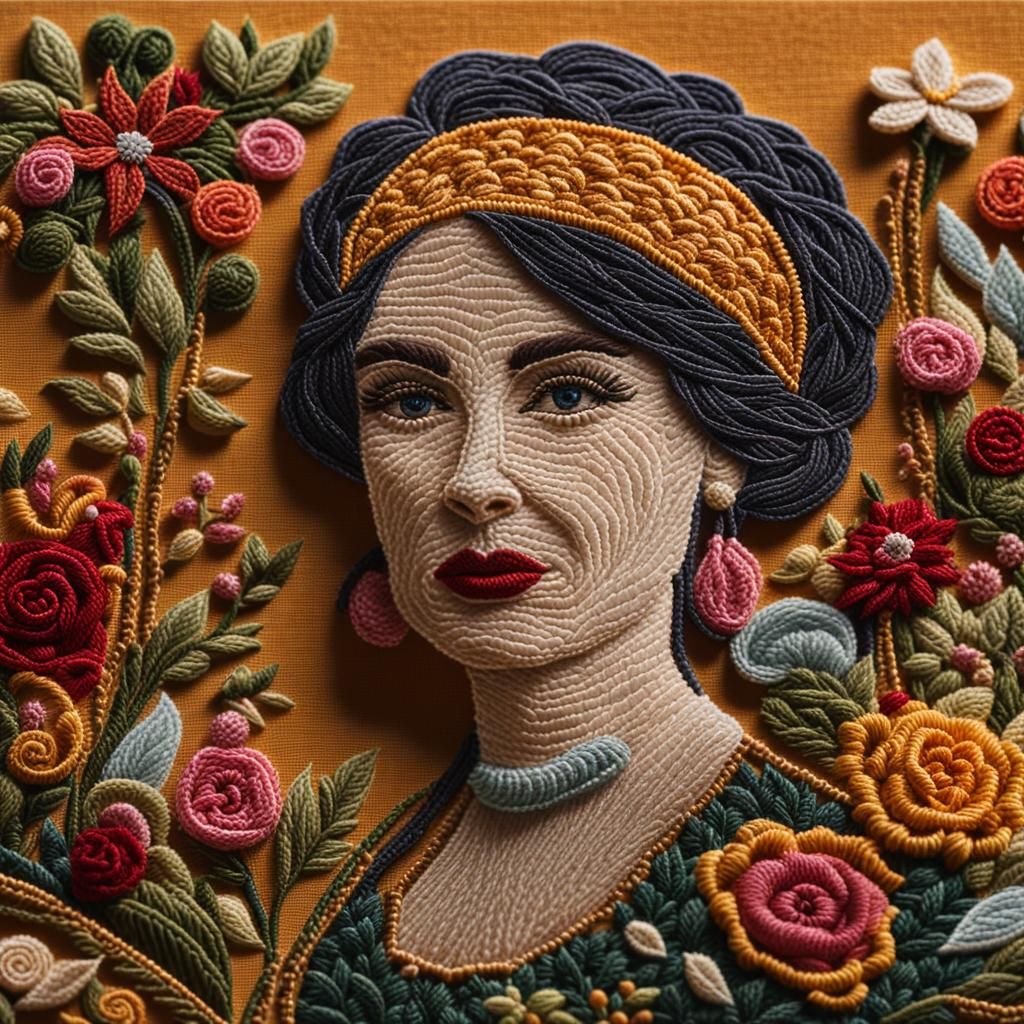 heavily embroidered stumpwork picture of a modern woman - AI Generated ...