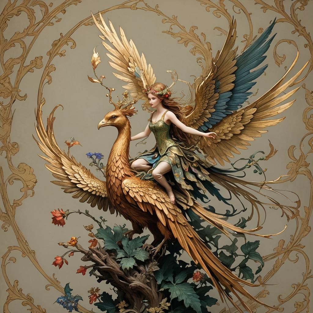 Fairy mounted on a phoenix - Enchanted Phoenix Rider in Myth...