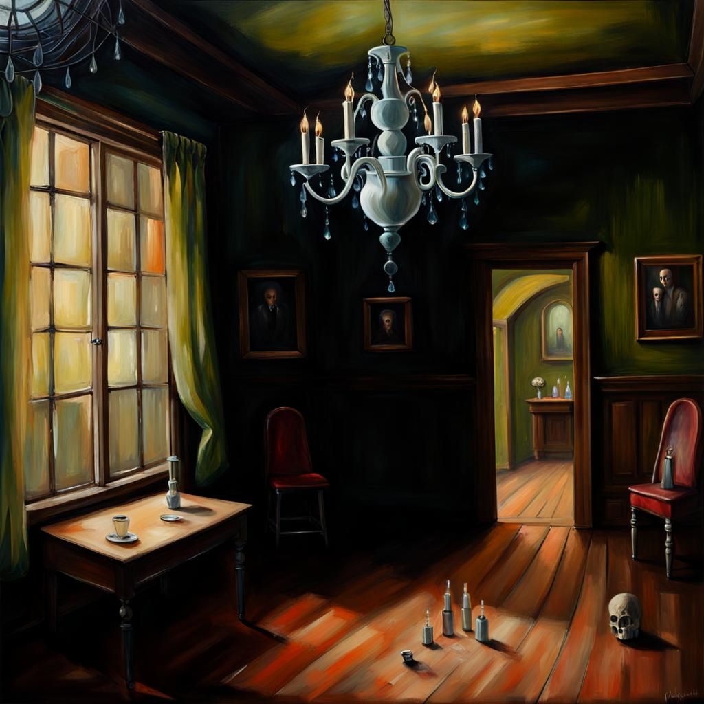 simple paranormal activity in an enchanted room, chandelier, acrylic ...