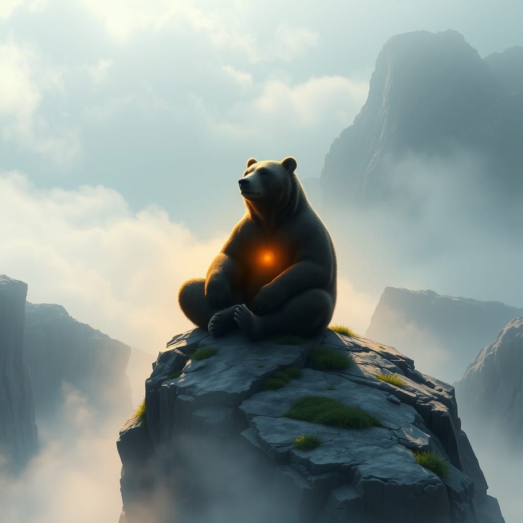 A bear meditating on a cliff - Serene Bear in a Dreamlike La...